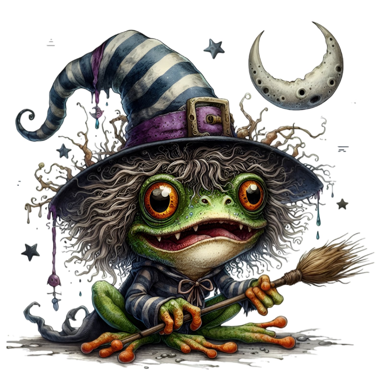 Witch Frog Clipart 12 Magical Moon & Bat PNG, Halloween Illustration ...