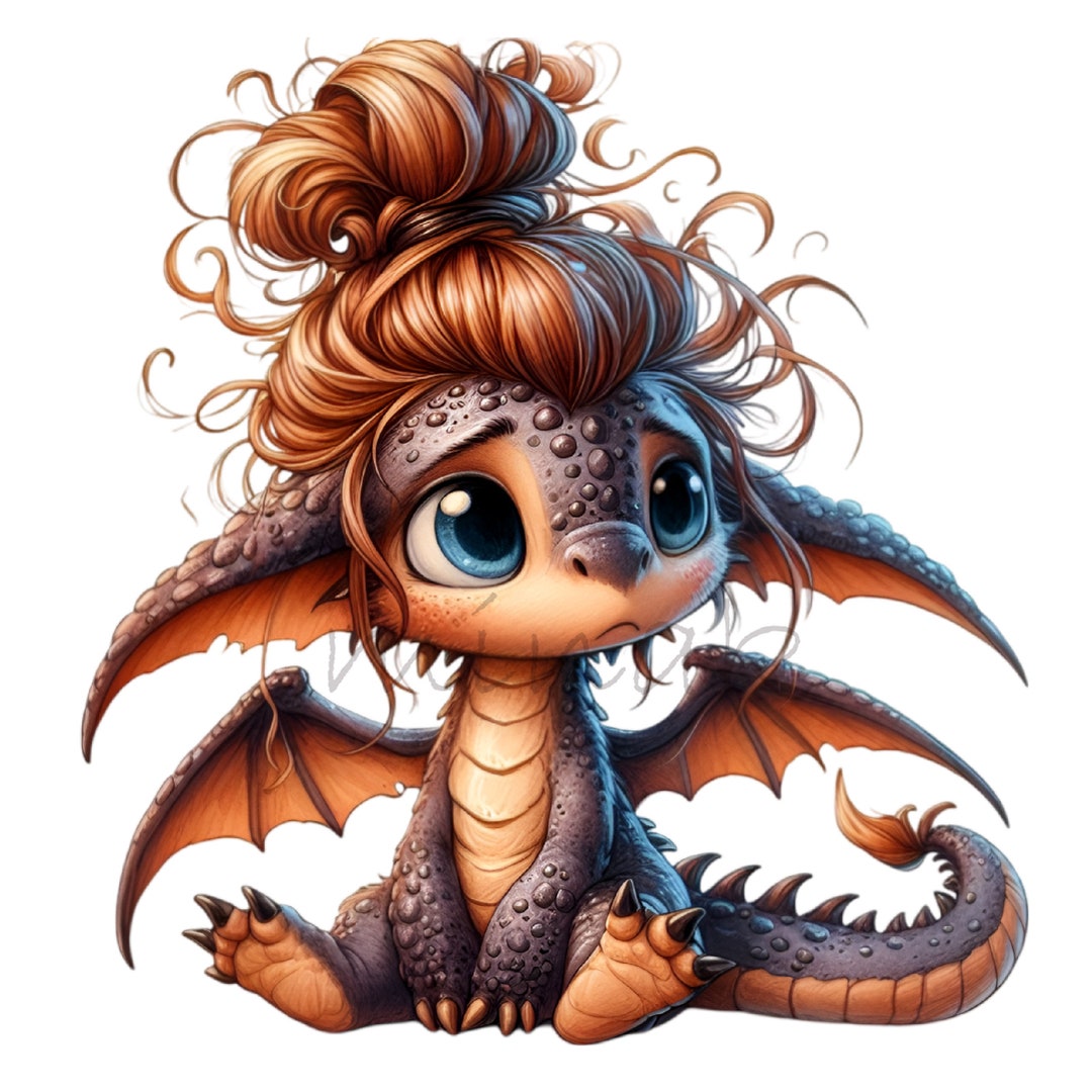 Cute Dragon Girl With Messy Bun, 12 PNG Funny Baby Cartoon Illustration ...