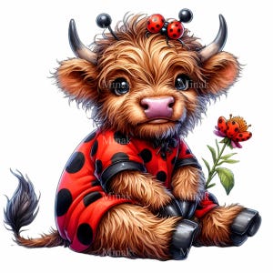 Cow PNG Clipart in Ladybug Outfit With Fluffy Hair and Ladybugs, 12 PNG ...