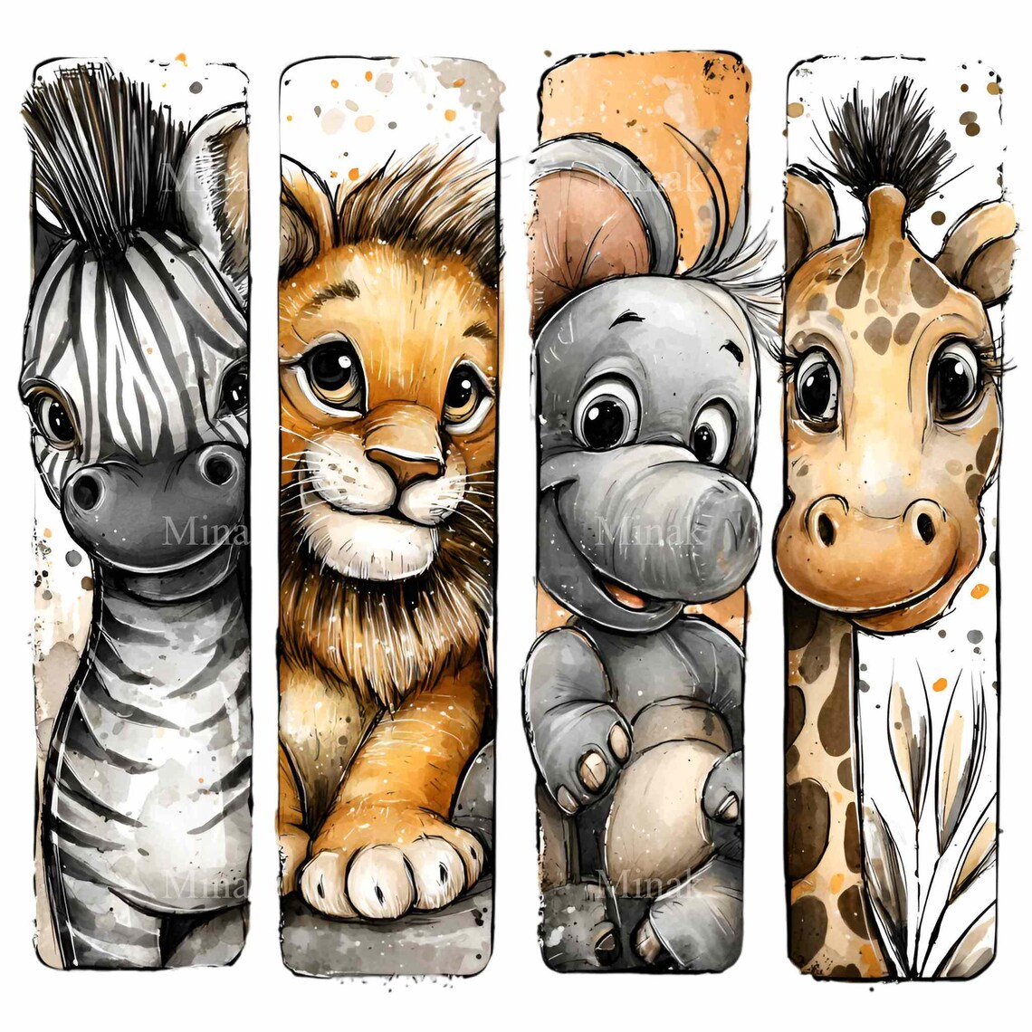 15 PNG Safari Nursery Clipart Set – Lion Giraffe Elephant Zebra Panels ...