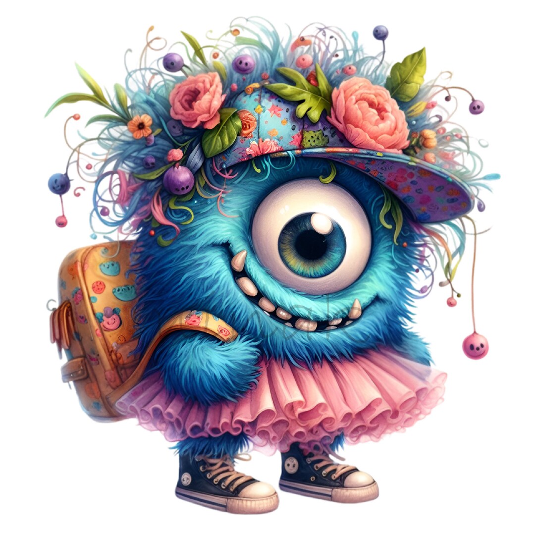 Monster PNG Clipart, 12 Cute Blue Monster With Floral Cap and Backpack ...