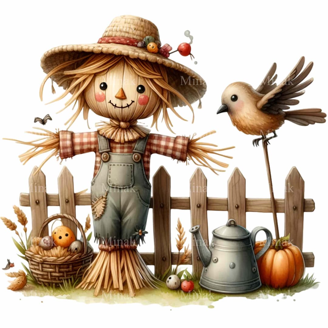 16 Cute Scarecrow PNG Clipart – Fall Harvest Scene With Fence, Bird ...