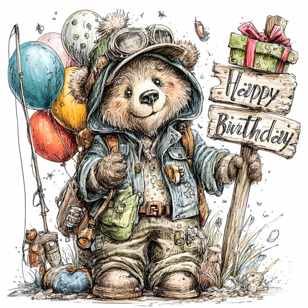 10 PNG Birthday Bear Clipart - Cute Adventure Animal Png - Kids Party ...