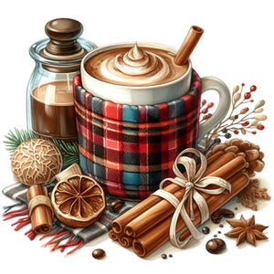 Winter Hot Chocolate Clipart PNG 12 Plaid Mug With Whipped Cream ...