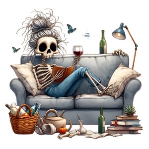 Skeleton Drinking Wine, Sitting on Sofa Reading a Book, 14 PNG Funny ...