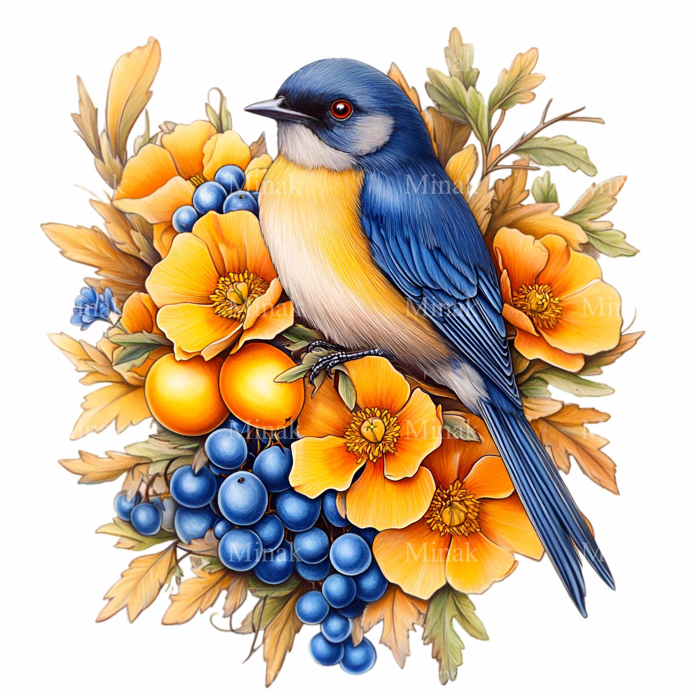 12 PNG Blue Songbird Clipart Floral Bird Illustration With Berries ...