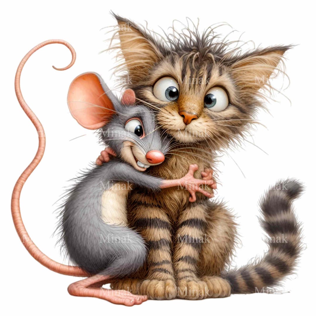 14 Funny Cat and Mouse PNG Clipart, Cute Fluffy Kitten Hugging a Mouse ...