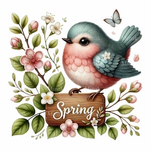 12 Spring Bird PNG Clipart, Adorable Bird With Flowers, Whimsical ...