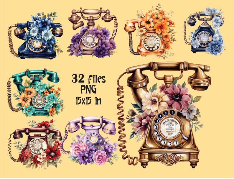 Watercolor Telephone Clipart PNG Antique Floral Retro Phone - Etsy