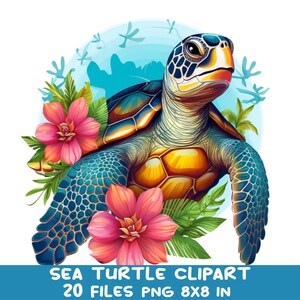Sea Turtle Clipart Set, Tropical Ocean Illustration, Floral Turtle PNG ...