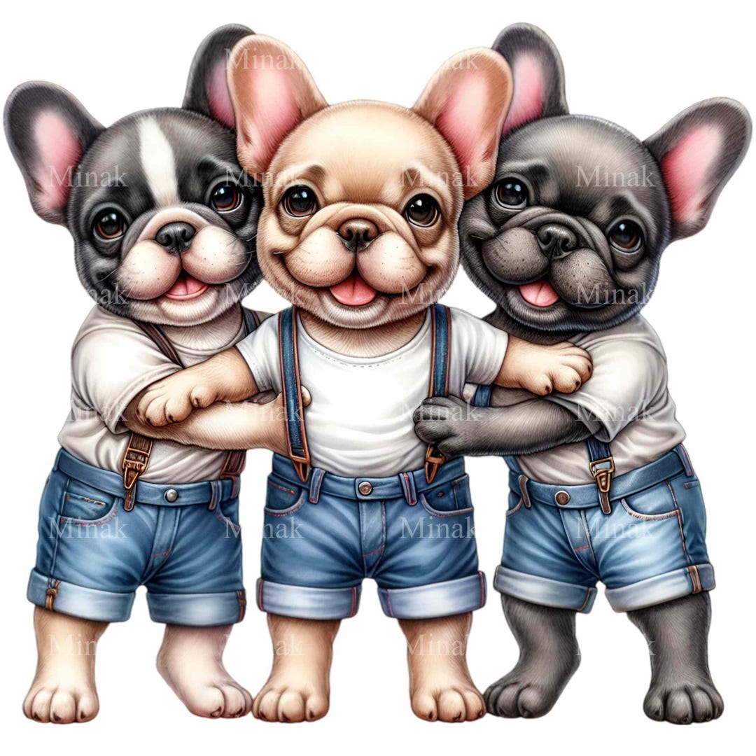 11 PNG French Bulldog Trio Clipart, Puppy Friendship Illustration ...
