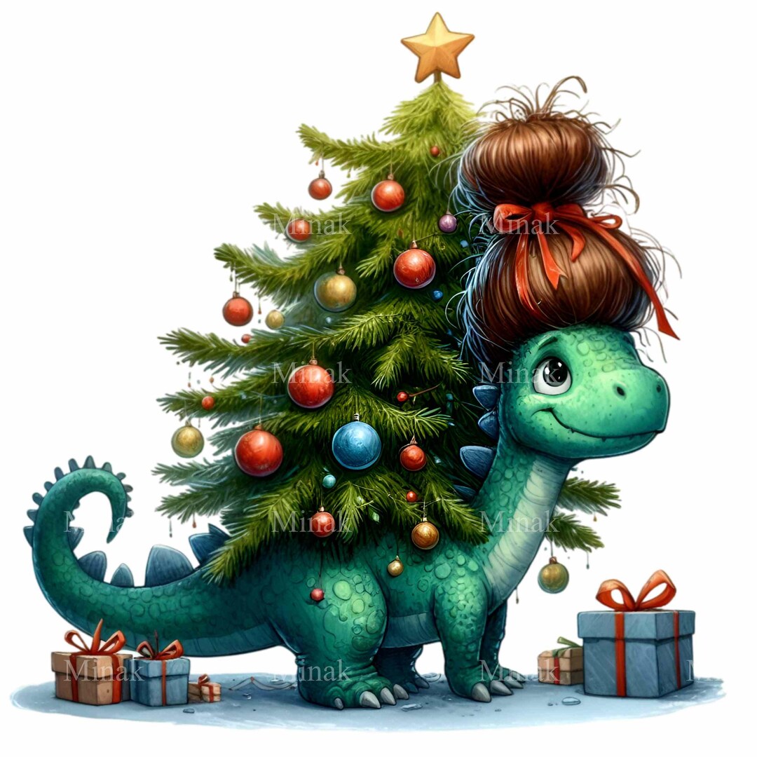 Christmas Dinosaur PNG Clipart 15 Festive Dino With Tree and Presents ...