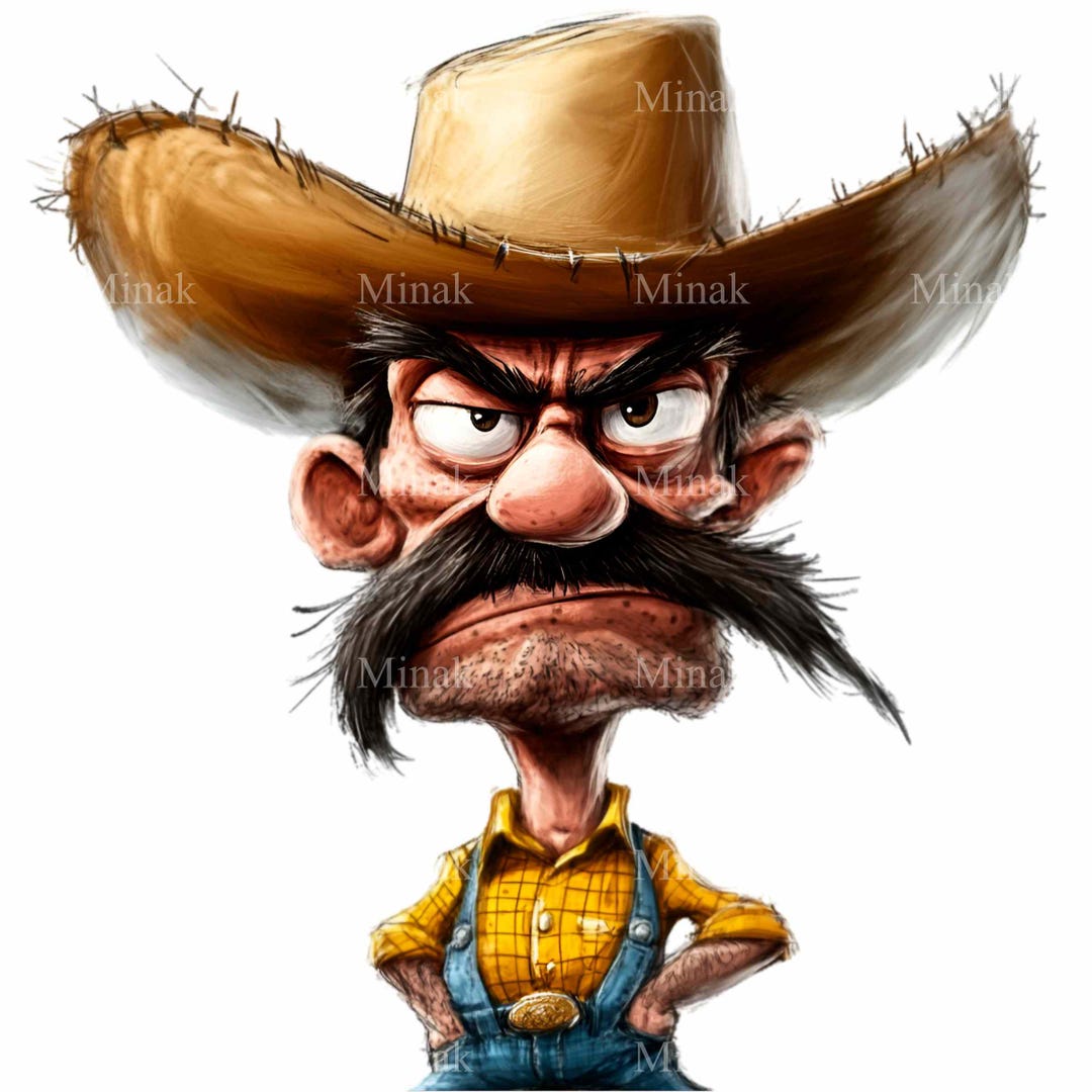 15 Funny Angry Cowboy PNG Clipart With Hat and Mustache, Whimsical ...