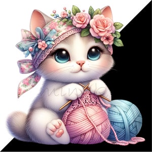 Knitting Kitten Clipart, 10 Cute Cat With Flowers and Yarn, Digital Art ...