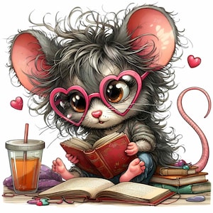 Cute Mouse Reading PNG Clipart With Fluffy Hair, Heart Glasses, and Bow ...