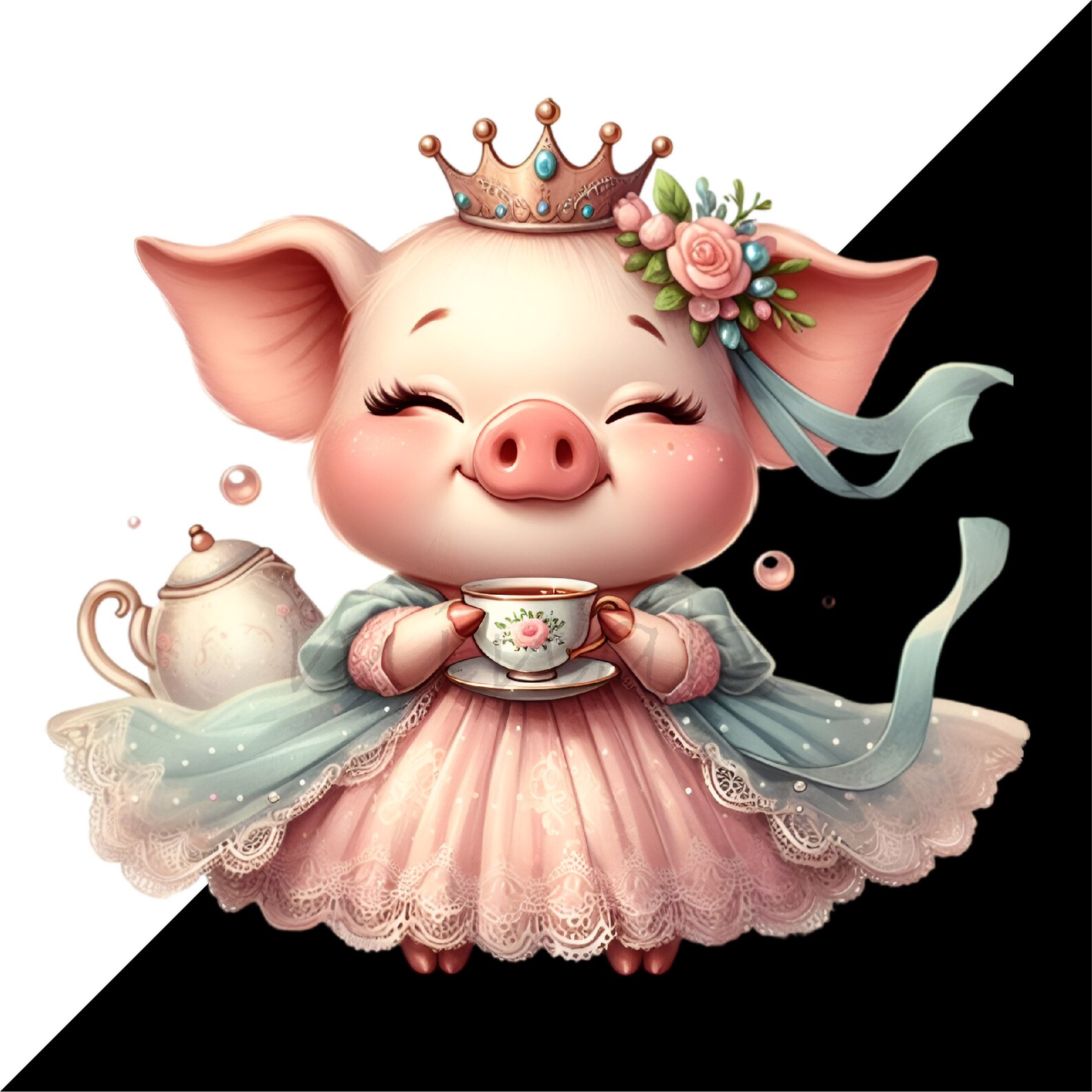 Pig Clipart PNG, Tea Clip Art, 10 Watercolor Cute Princess Piglet Farm ...