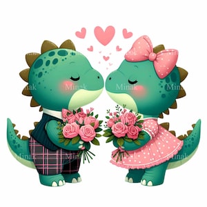 10 Romantic Dinosaur Couple PNG Clipart, Cute Dino With Roses Digital ...