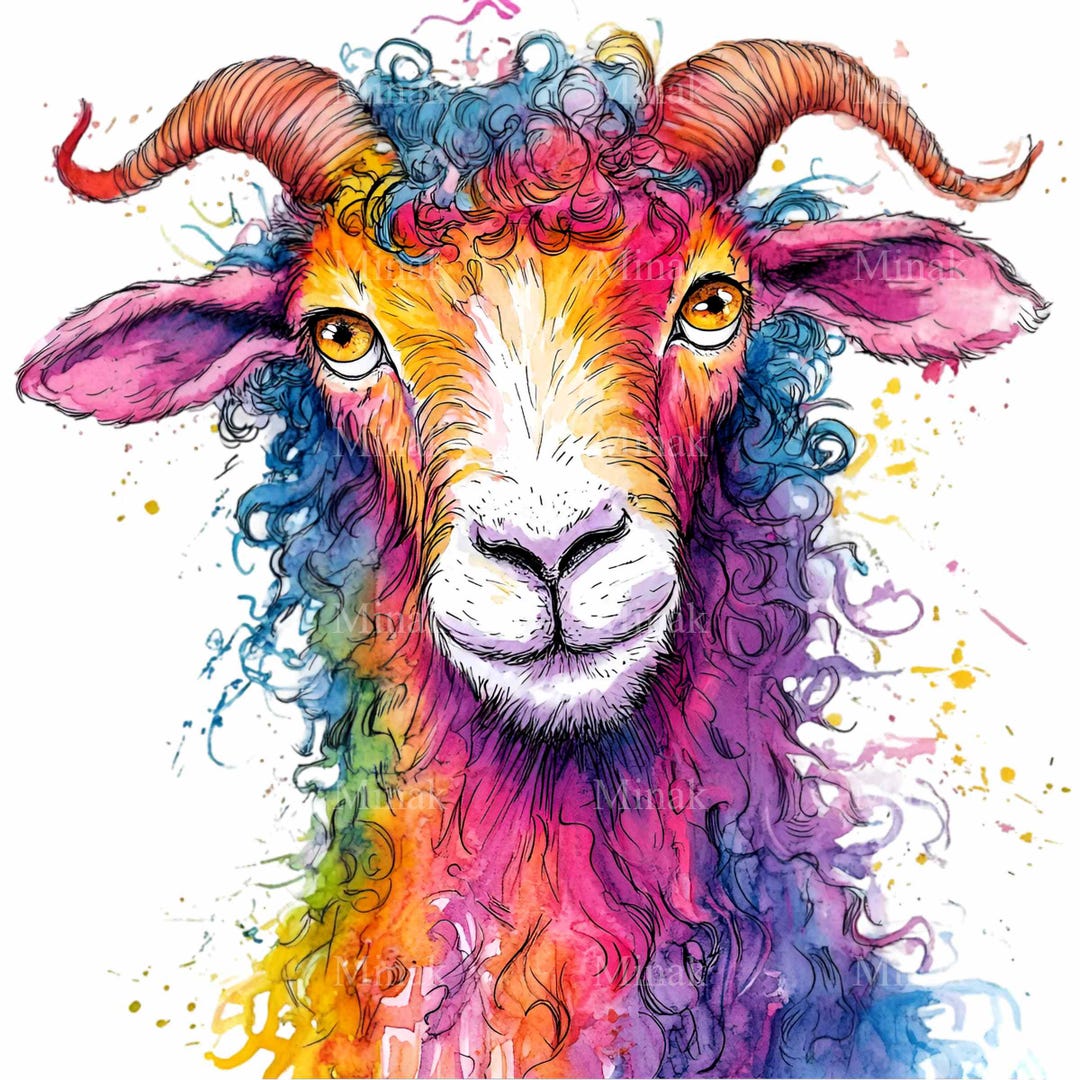 15 Colorful Goat PNG Clipart – Rainbow Watercolor Style Curly-haired ...