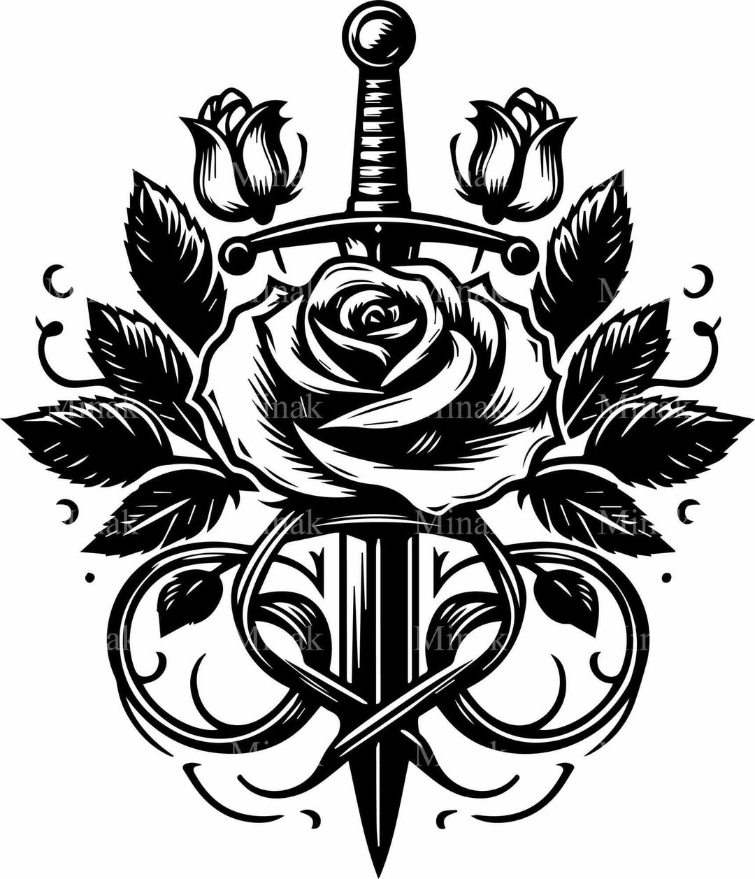 8 SVG Medieval Rose Sword SVG, Floral Dagger Tattoo Design, Gothic ...