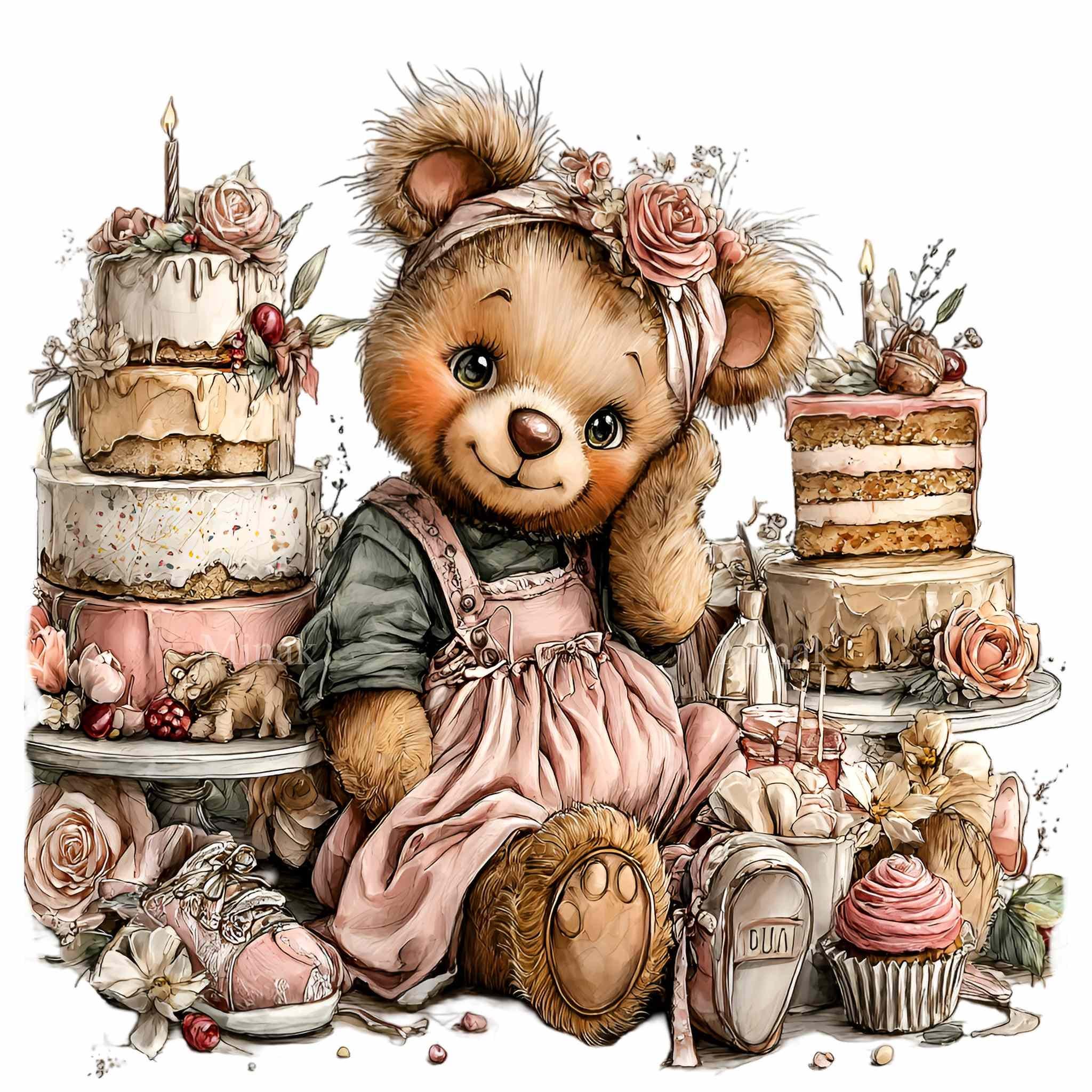 10 PNG Birthday Bear Clipart – Girl Animal, Cake Party Decor (digital ...
