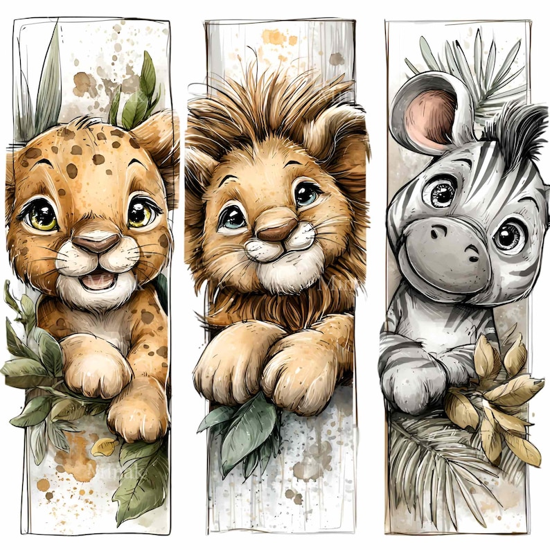 15 PNG Safari Nursery Clipart Set – Lion Giraffe Elephant Zebra Panels ...