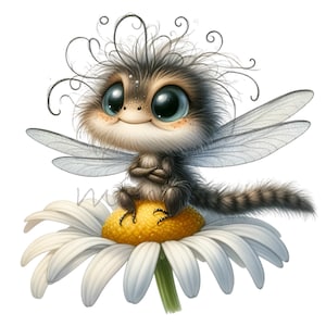 Cute Furry Dragonfly Insect on Daisy Digital Clipart 14 PNG - Adorable ...