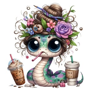 15 Funny Snake Drinking Coffee Cartoon Clipart Printable Digital Comics ...