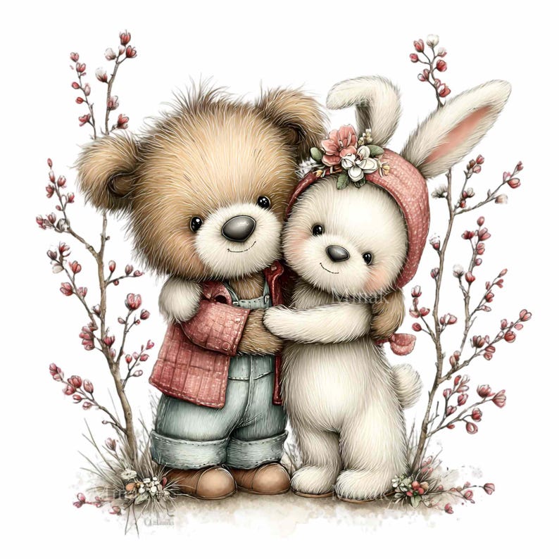 15 PNG Bear and Bunny Clipart – Sweet Animal Hug Illustration, Spring ...