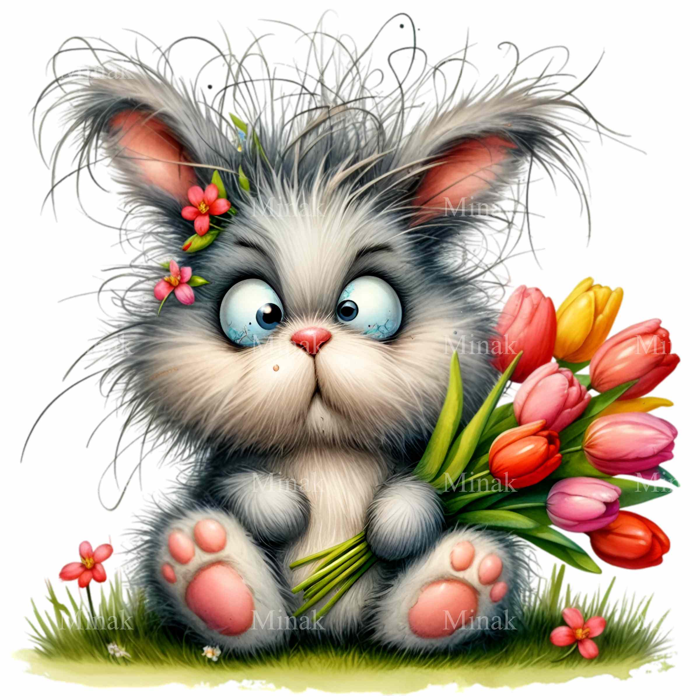 12 PNG Spring Bunny Clipart – Cute Fluffy Rabbit With Tulips – Easter ...