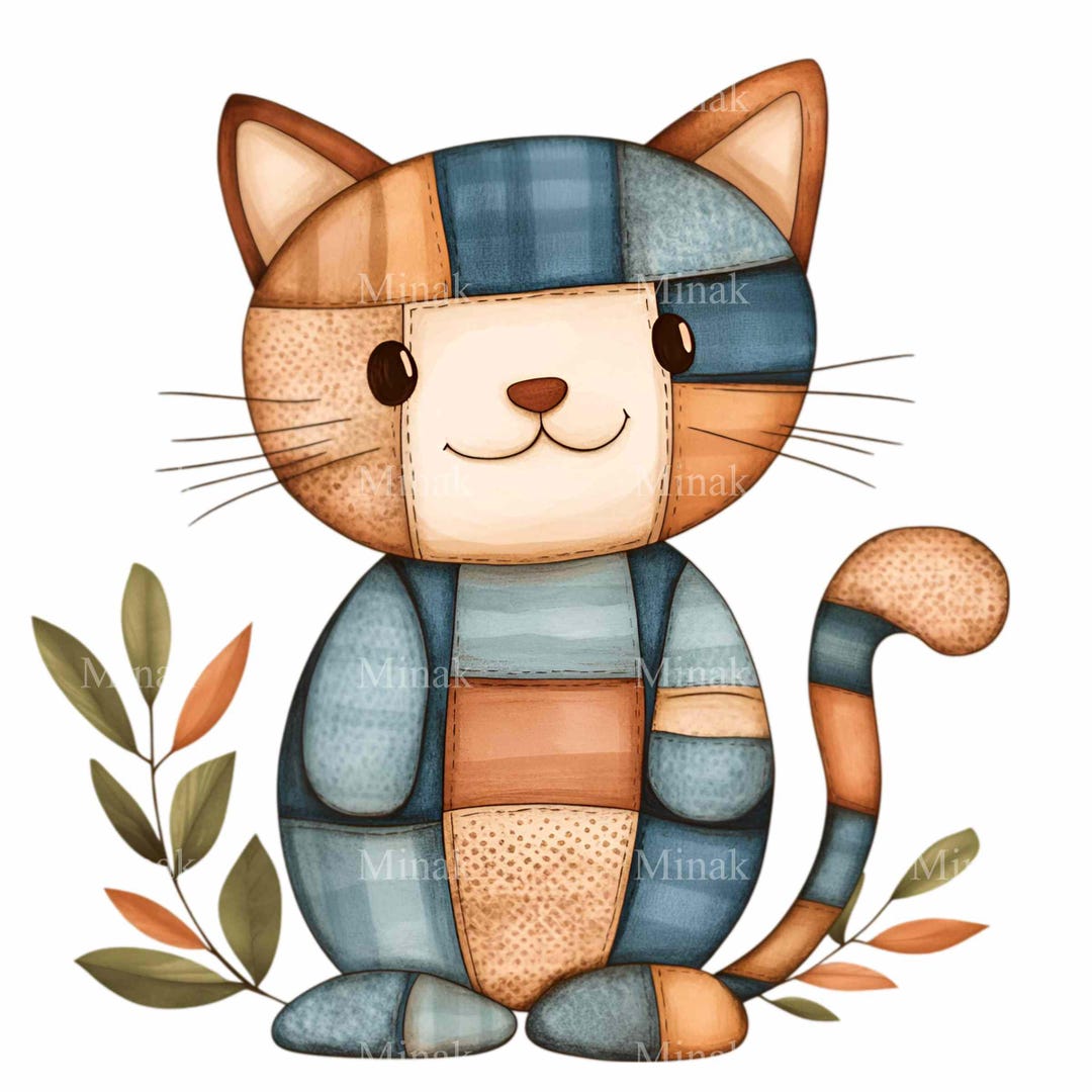 15 Patchwork Cat PNG Clipart, Cute Quilted Kitten Art, Stuffed Cat ...