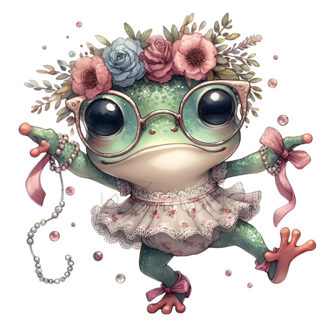 12 Cute Dressed Frog Clipart PNG | Dancing Frog With Glasses, Flowers & Pearls | Whimsical ...