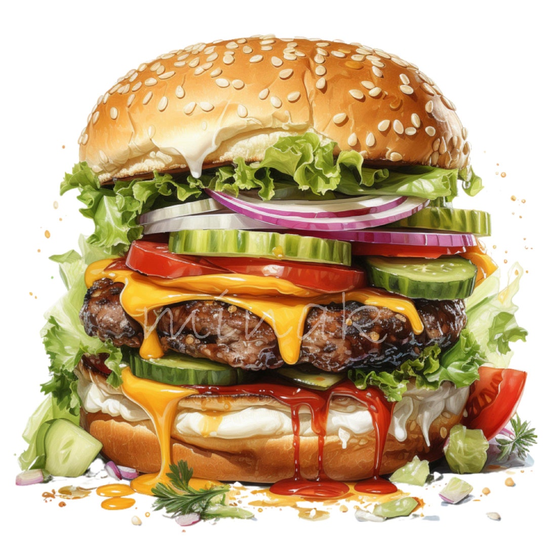 Delicious Burger Clipart Set 12 PNG Files Realistic Cheeseburger, Food ...