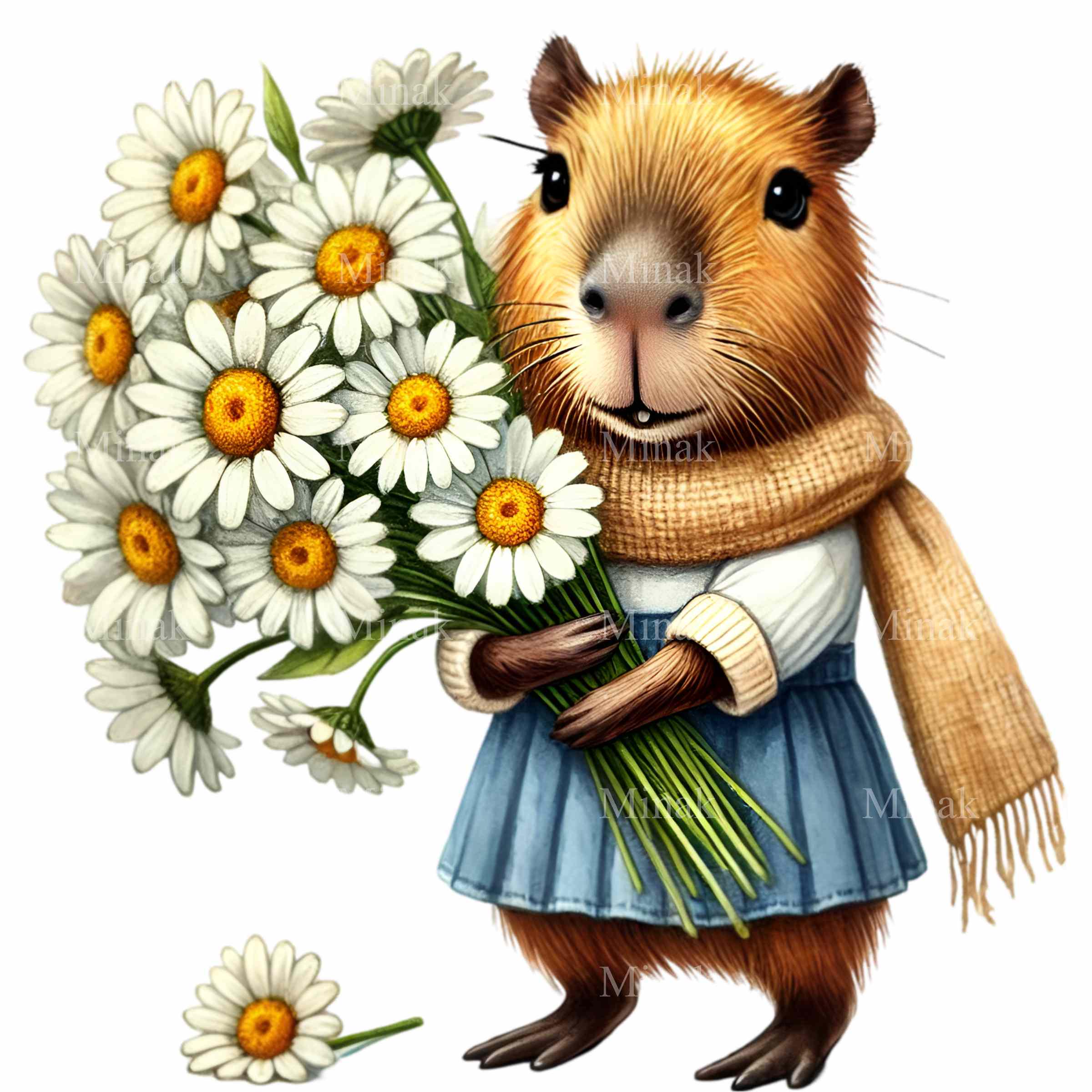 12 PNG Capybara Daisy Bouquet, Whimsical Animal Clipart, Floral Rodent ...