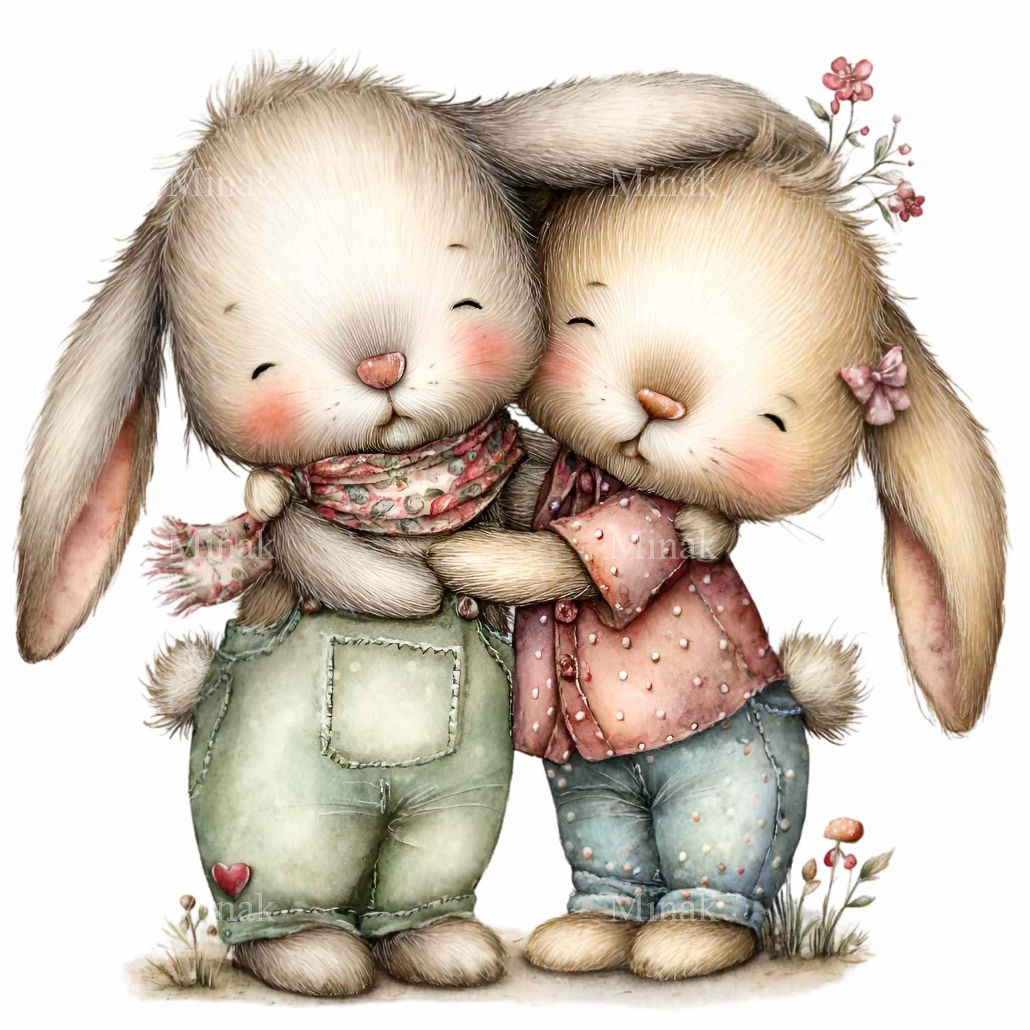 16 PNG Bunny Couple Clipart – Baby Rabbits Hug Illustration, Pastel ...
