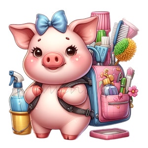 Pig Clipart PNG, 12 Watercolor Cleaning Housework Clip Art, Spring ...