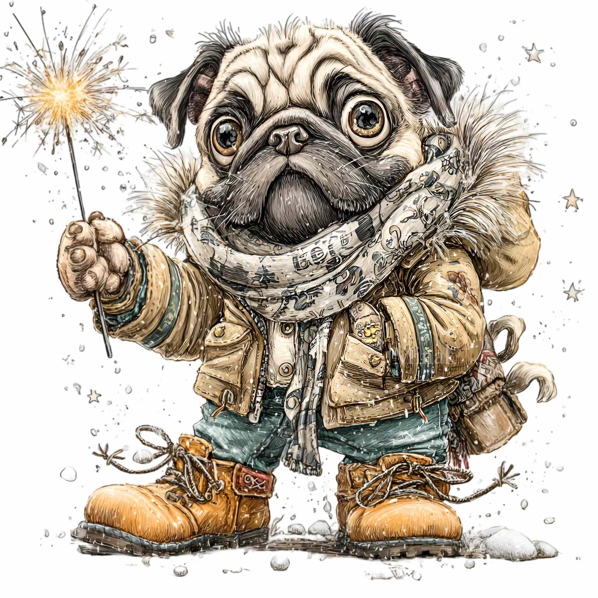 12 PNG Winter Pug – New Year Dog PNG Clipart – Cute Festive Pet With ...