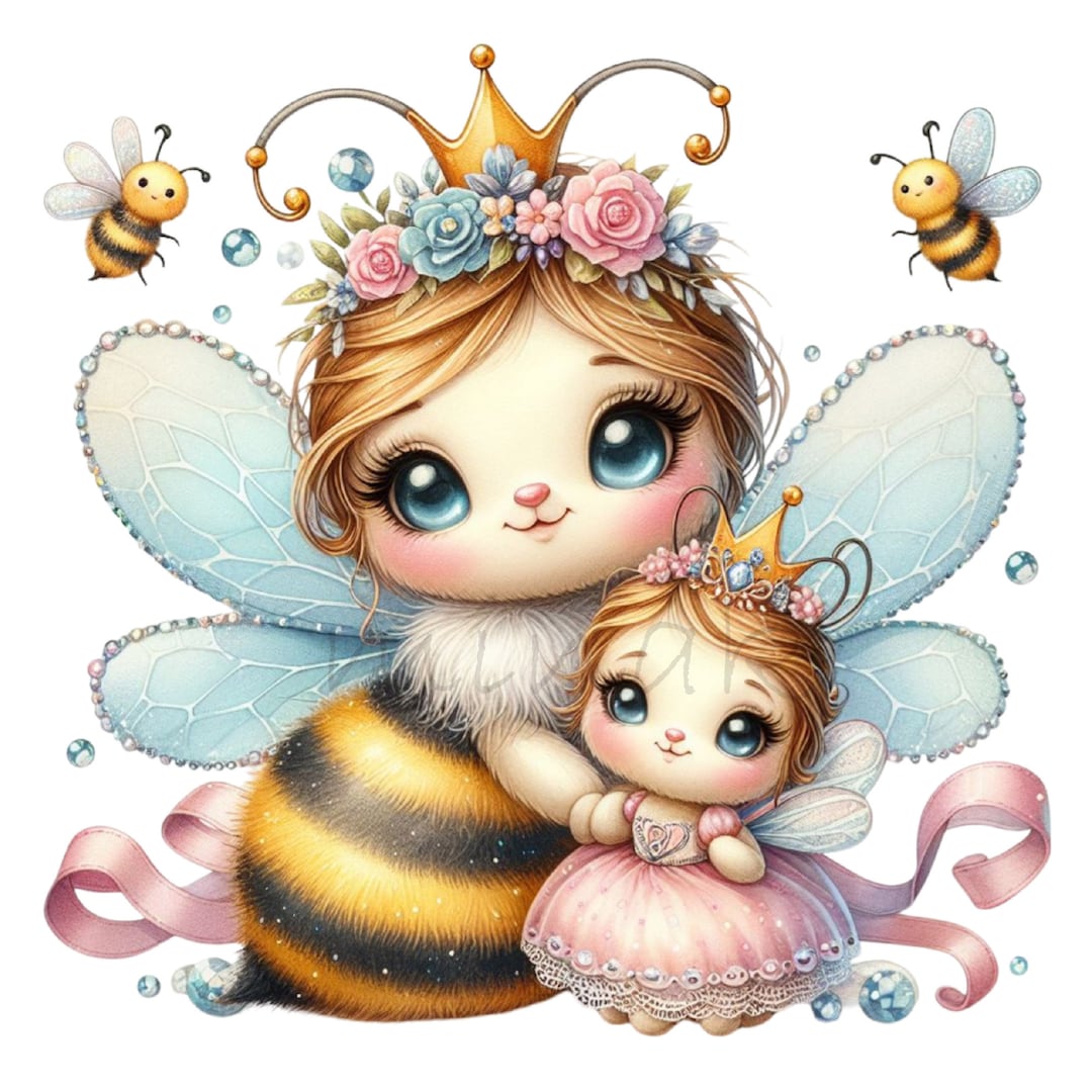10 Mom Bee PNG Clipart, Cute Mother and Baby Bee With Crowns, Wings ...