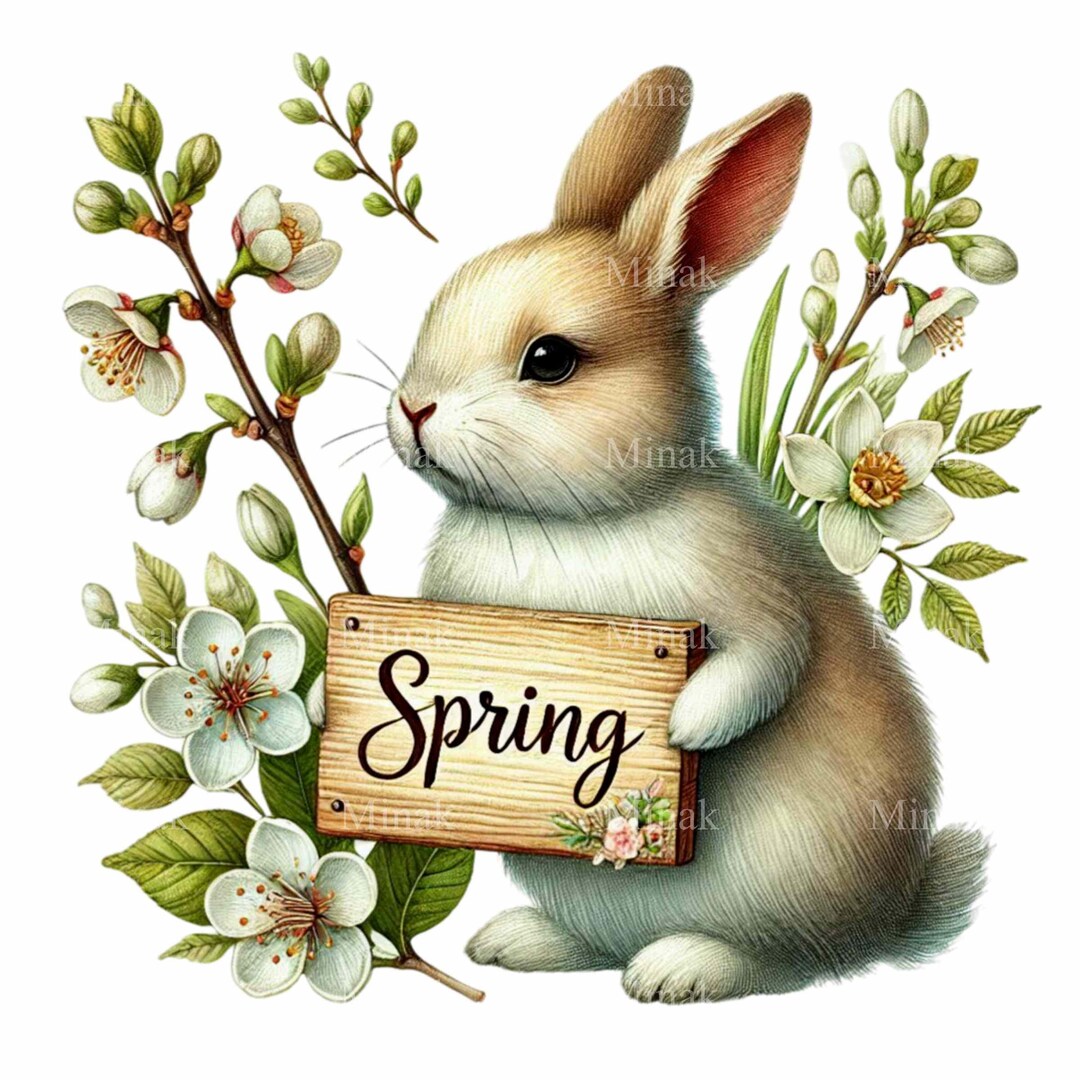 14 Spring Bunny PNG Clipart - Adorable Rabbit With Blossoms and Wooden ...