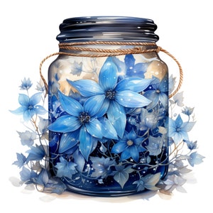 Floral Mason Jar Clipart - Watercolor Blue Flowers in Glass Jar With ...