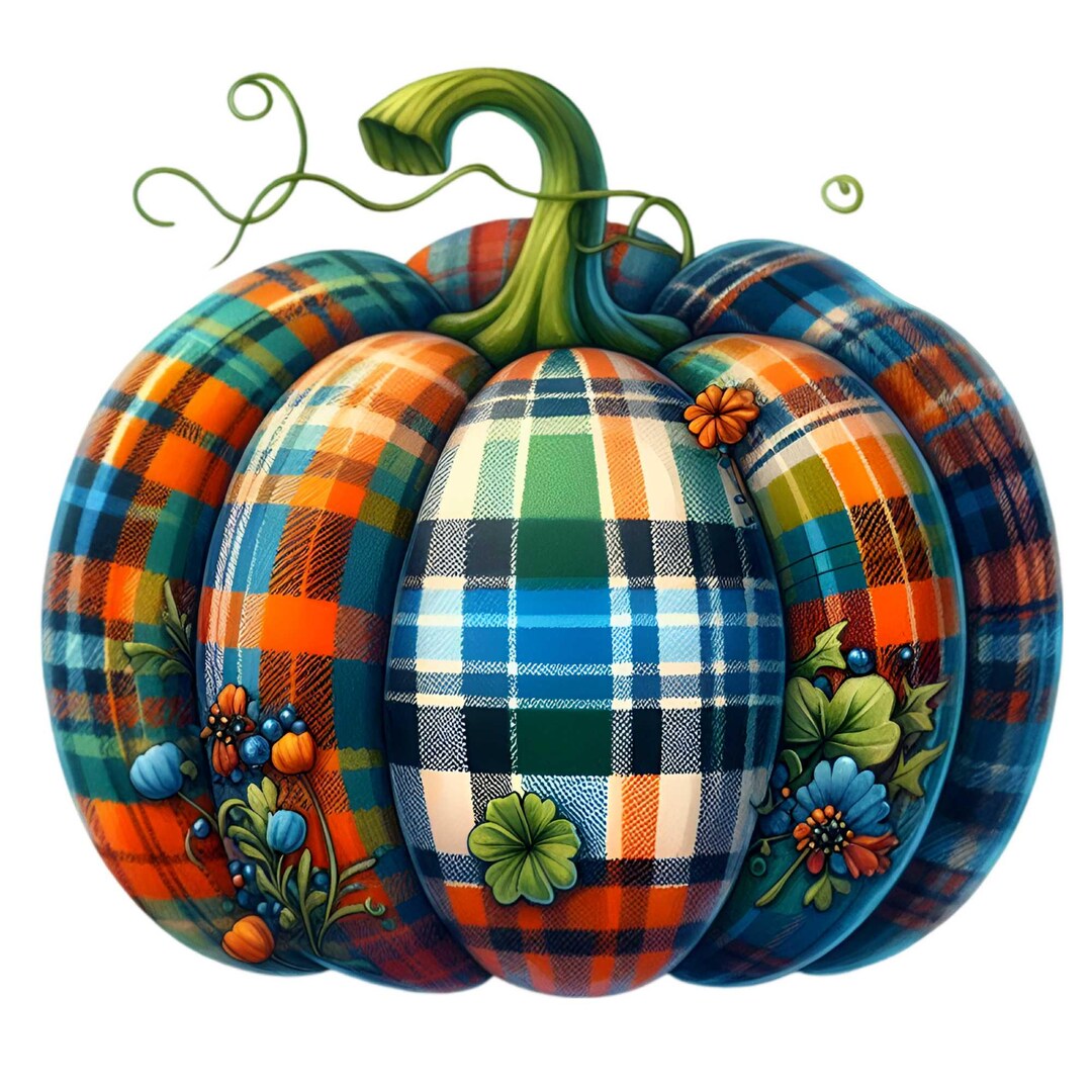 10 Colorful Plaid Pumpkin PNG Clipart, Blue and Orange Patchwork Fall ...