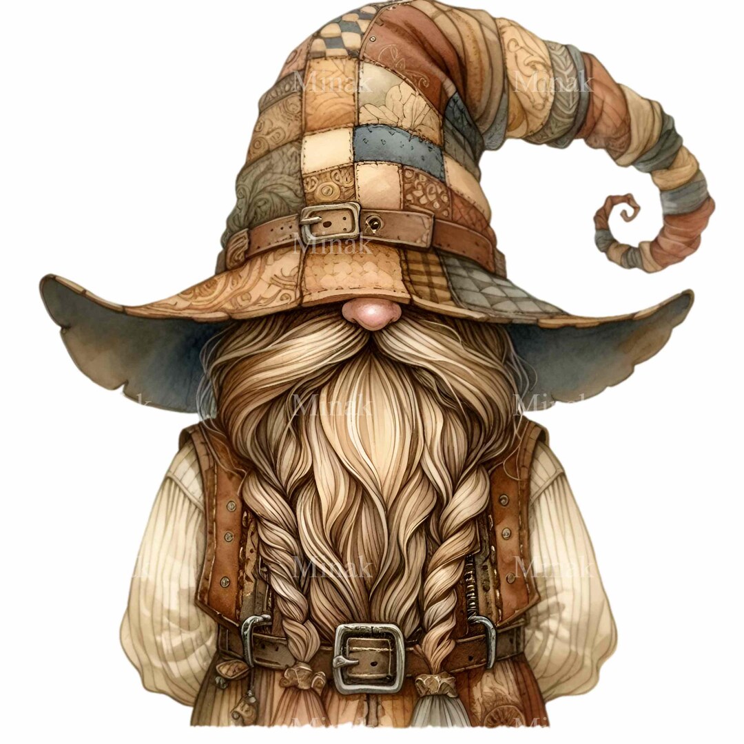 Rustic Patchwork Gnome Clipart With Braided Beard and Hat, 10 Digital ...