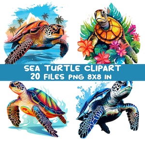 Sea Turtle Clipart Set, Tropical Ocean Illustration, Floral Turtle PNG ...