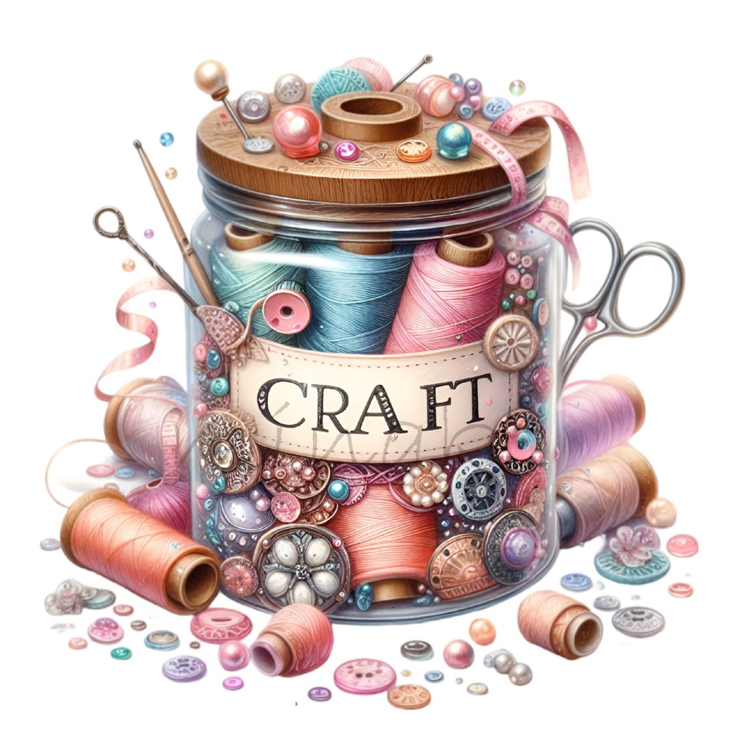 Craft Supplies, Jar With Buttons, Beads, 15 PNG Craft Room Spool Treads ...