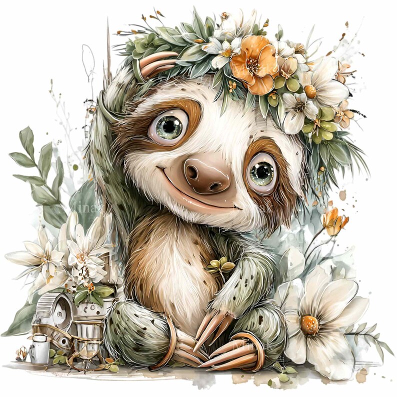 14 PNG Sloth Clipart Floral Portrait Illustration, Watercolor Woodland ...