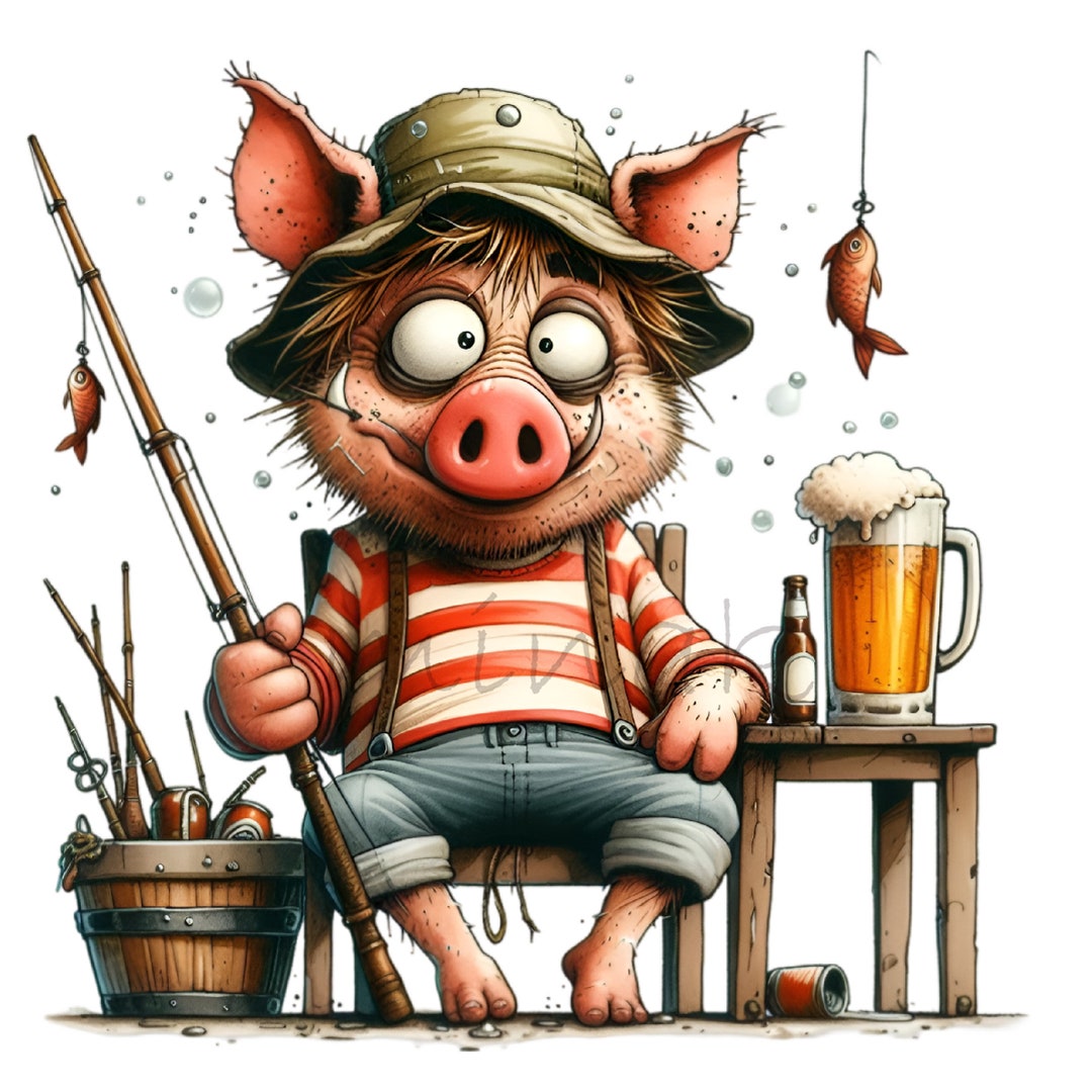 Funny Fishing Pig Clipart 15 Whimsical Pig With Fishing Rod and Beer ...