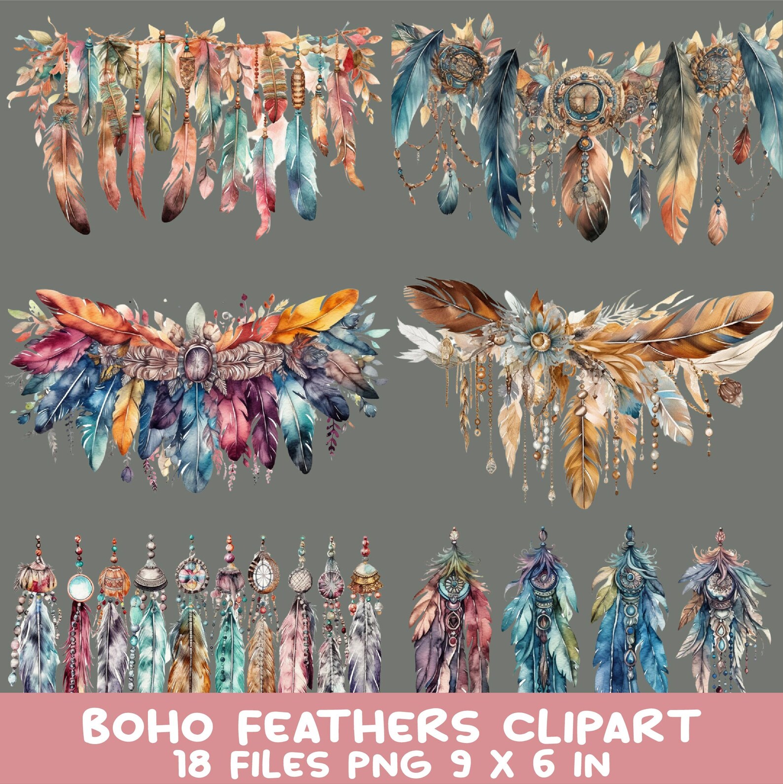 Boho Feathers Clipart Bundles, 18 PNG Watercolor Beaded Plumes Garland ...