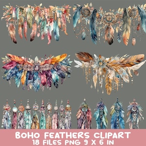Boho Feathers Clipart Bundles, 18 PNG Watercolor Beaded Plumes Garland ...