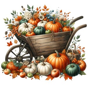 Rustic Wheelbarrow of Pumpkins Clipart, Fall Harvest Decor, Autumn ...