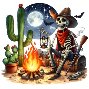 Skeleton Cowboy by Campfire Clipart PNG 12 Spooky Desert Night With ...