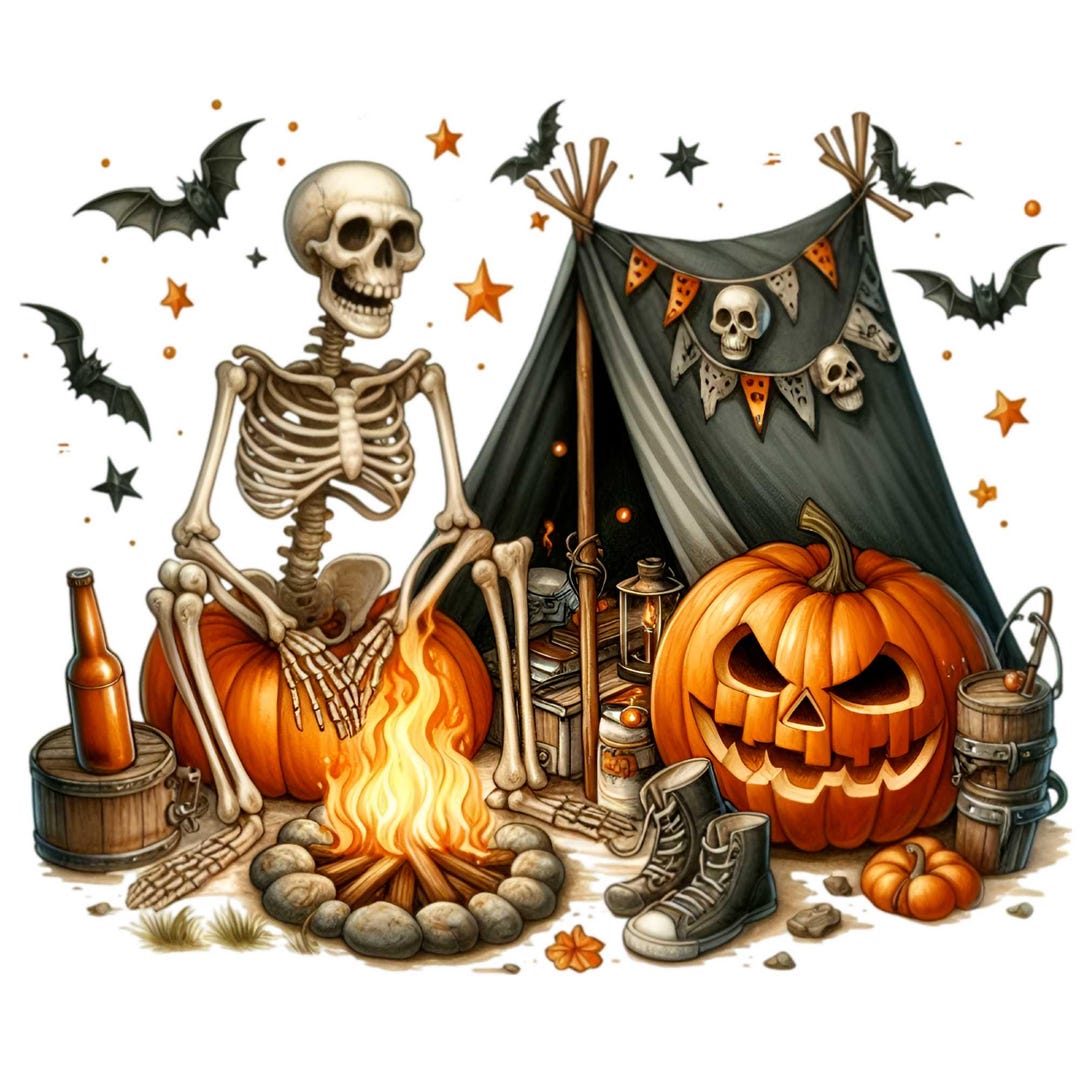 Skeleton Camping Halloween Clipart PNG 14 Spooky Campfire Scene With ...